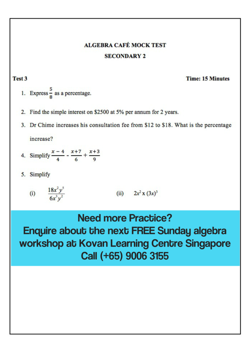 Free Mock Test 1 Secondary 2 Algebra Kovan Learning Centre